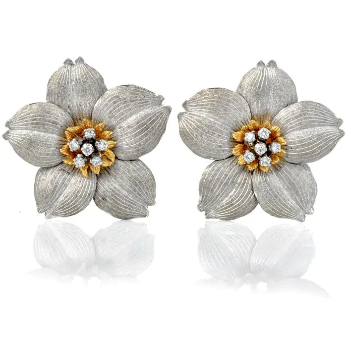 Buccellati Diamond Flower 18K Two Tone Clip On Earrings